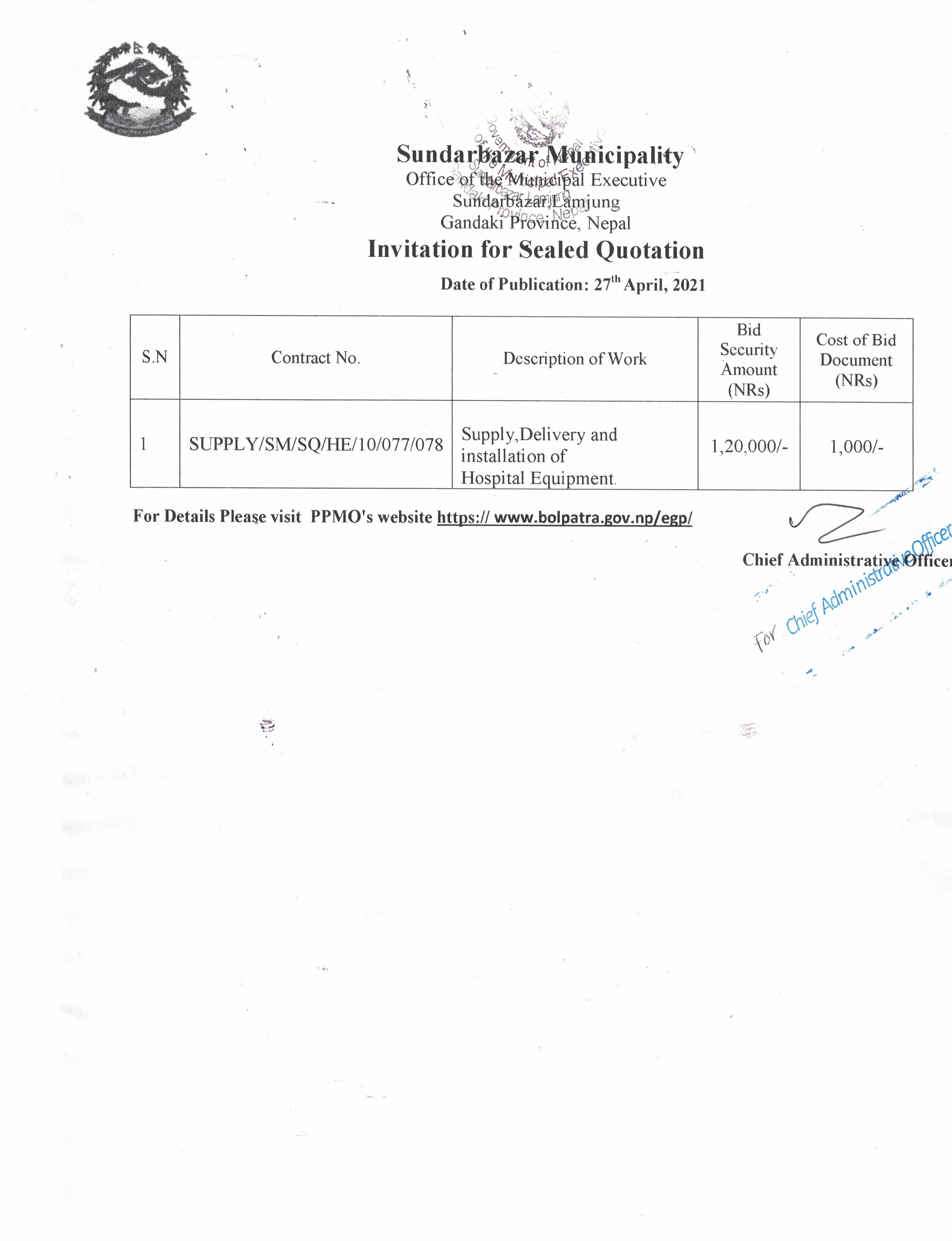 Invitation for sealed Quotation for supply delivery and installation of ...